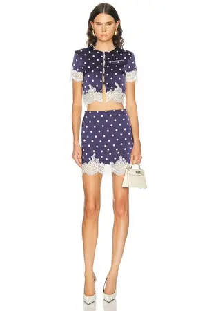 SELF-PORTRAIT Polka Dot Satin Top - Navy