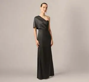 Aidan Mattox Draped One Shoulder Stretch Mikado Mermaid Gown - Black