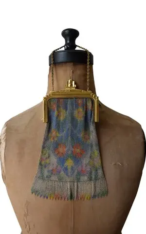 LUCIA ZOLEA Whiting & Davis Chainmail Painted Floral Fringed Purse