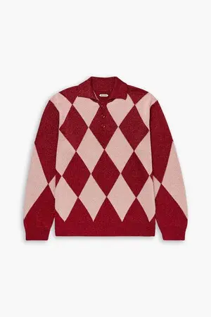 BODE Argyle Metallic Jacquardknit Polo Sweater - Bubblegum