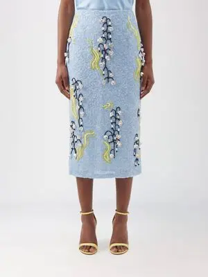 DES_PHEMMES Slim Fit Pencil Midi Skirt With Bead Embroidery And Flower Appliqu - Blue