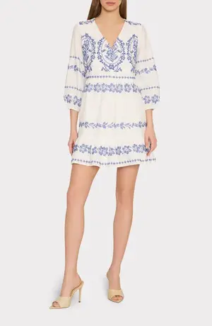 MILLY Embroidered Linen & Cotton Mini Dress - White/blue
