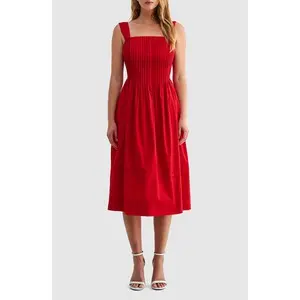 QUINCY MAE Pleat Bodice Cotton Midi Dress - Red