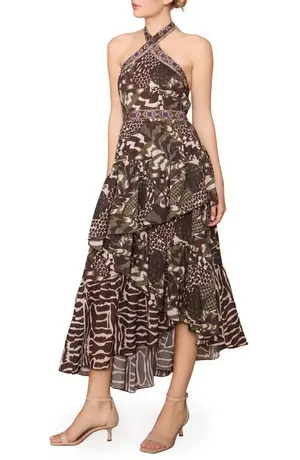 MELLODAY Mixed Print Tiered Asymmetric Hem Halter Dress
