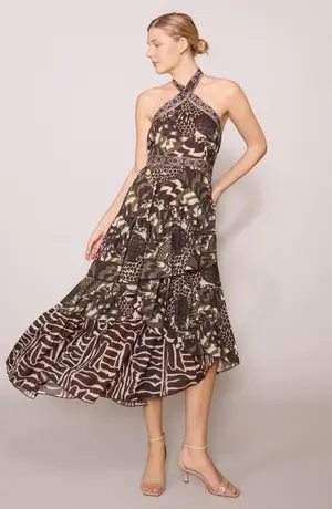 MELLODAY Mixed Print Tiered Asymmetric Hem Halter Dress