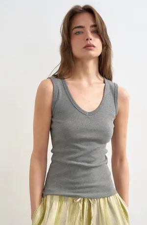 Topshop V-neck Stretch Cotton Rib Tank - Grey