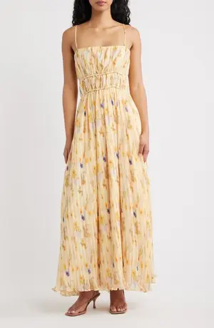 Line & Dot Potpourri Abstract Floral Micropleat Chiffon Maxi Dress - Multi
