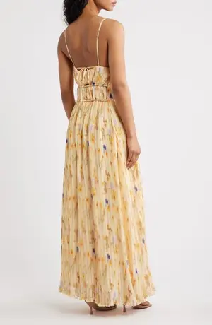 Line & Dot Potpourri Abstract Floral Micropleat Chiffon Maxi Dress