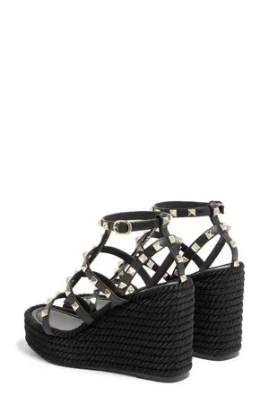 Valentino Garavani Rockstud Ankle Strap Wedge Sandal - Black