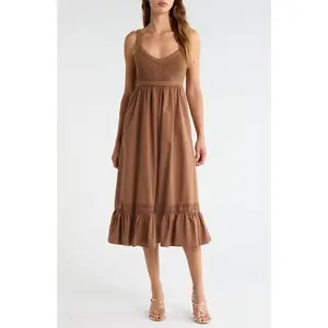 Astr The Label ASTR The Label Jacquelin Mixed Media Midi Dress With Crochet Bodice And Open Back Camel