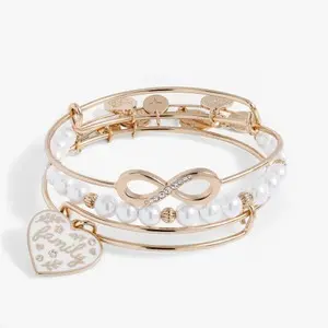 ALEX AND ANI Family Charm Bangle Set Of 3 With Faux Pearls And Crystal Pave Infinity Symbol