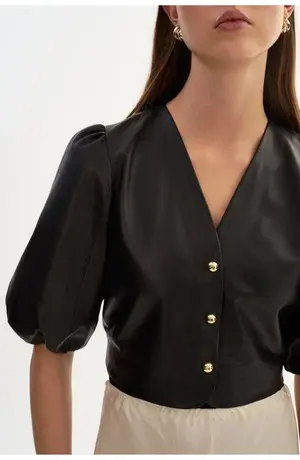 LAMARQUE Franka Balloon Sleeve Leather Blouse