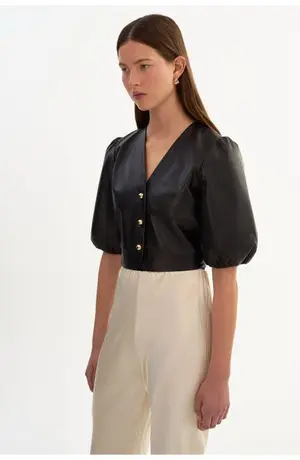 LAMARQUE Franka Balloon Sleeve Leather Blouse