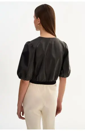 LAMARQUE Franka Balloon Sleeve Leather Blouse