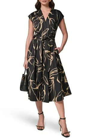 Donna Karan New York Abstract Print Stretch Cotton Midi Dress - Black/fawn