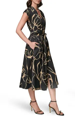 Donna Karan New York Abstract Print Stretch Cotton Midi Dress - Black/fawn