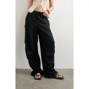 Topshop Wide Leg Linen & Cotton Utility Pants - Black