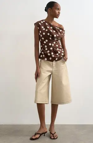 Topshop Polka Dot Off-the-shoulder Linen-blend Top