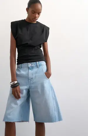 Topshop Raw Hem Knee Length Denim Barrel Shorts