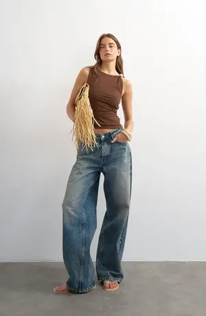 Topshop Bead Embellished Ruched Stretch Cotton Top