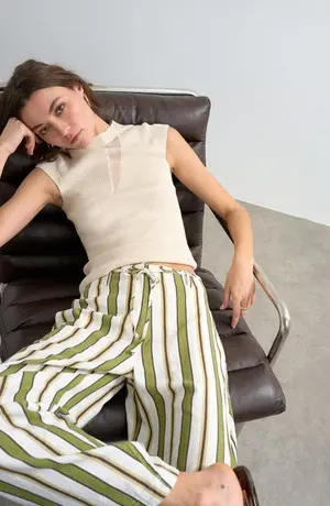 Topshop Stripe Wide Leg Linen & Cotton Pants