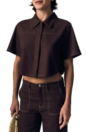 LE JEAN Short Sleeve Cropped Linen Shirt - Cocoa