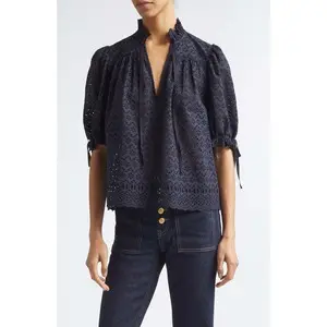 Ulla Johnson Alouette Eyelet Puff Shoulder Top - Midnight
