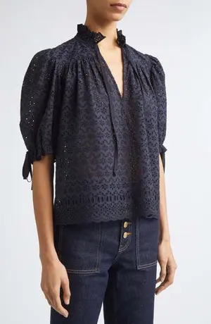 Ulla Johnson Alouette Eyelet Puff Shoulder Top