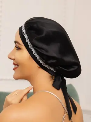 SILKSILKY Pure Silk Lace Trimmed Bonnet With Ribbons - Black