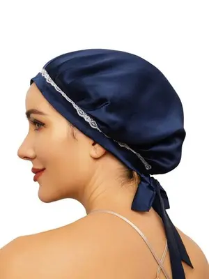 SILKSILKY Pure Silk Lace Trimmed Bonnet With Ribbons - Darkblue