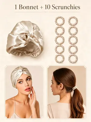 SILKSILKY Pure Mulberry Silk Bonnet And Scrunchie Set - Beige