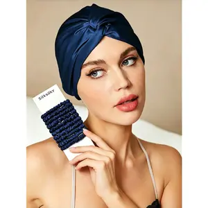 SILKSILKY SILKSILKY Pure Mulberry Silk Bonnet And Scrunchie Set Darkblue