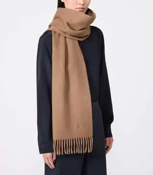 Max Mara Wool Fringed Logo Scarf - Beige