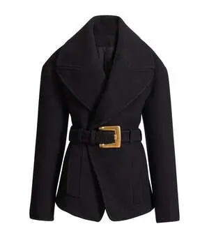 Balmain Virgin Wool Belted Pea Coat - Black