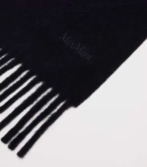 Max Mara Wool Fringed Logo Scarf - Navy