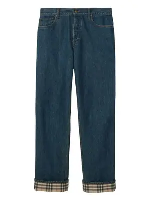 Burberry Cotton Jeans With Check Hem - Blue