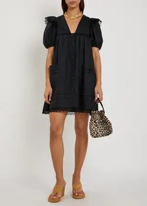 GANNI Lace-trimmed Linen Mini Dress
