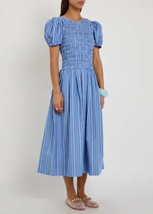 GANNI Striped Shirred Puff Sleeve Midi Dress - Navy