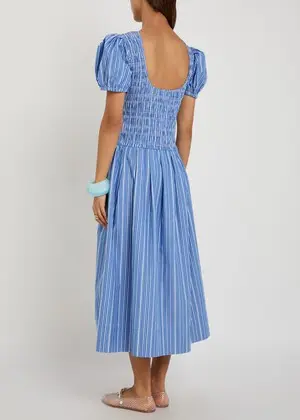 GANNI Striped Shirred Puff Sleeve Midi Dress - Navy