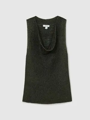 REISS Simone Cowl-neck Metallic-knit Sleeveless Top