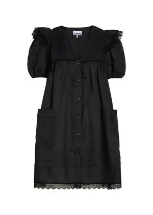 GANNI Lace-trimmed Linen Mini Dress - Black