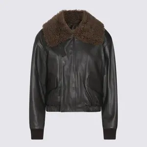 LEMAIRE Zipped Leather Bomber Jacket With Shearling Collar