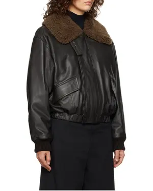 LEMAIRE Zipped Leather Bomber Jacket With Shearling Collar