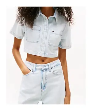 Tommy Hilfiger Cropped Denim Shirt With Spread Collar And Chest Pockets