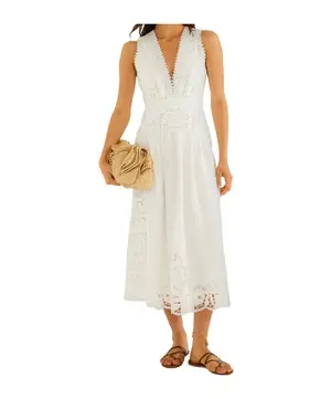 Farm Rio Richelieu V-neck Sleeveless Midi Dress - White