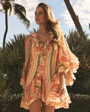Mestiza New York Bimini Stripe Chiffon Ruffle Kaftan Mini Dress