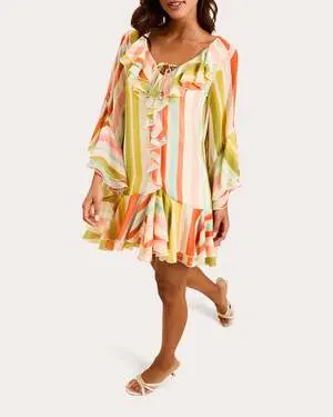 Mestiza New York Bimini Stripe Chiffon Ruffle Kaftan Mini Dress