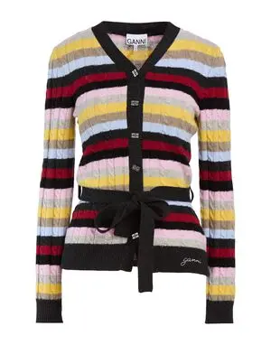 GANNI Intarsia-knit Belted Cardigan - Grey