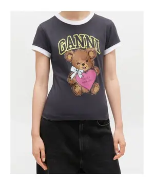 GANNI Cropped Teddy Bear Graphic T-shirt - Phantom Black
