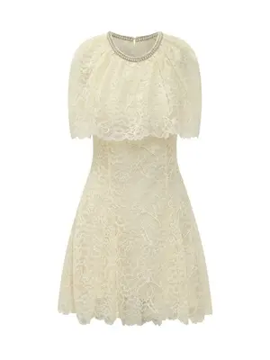 SELF-PORTRAIT Lace Crewneck Mini Dress With Cape Effect And Embellished Neckline